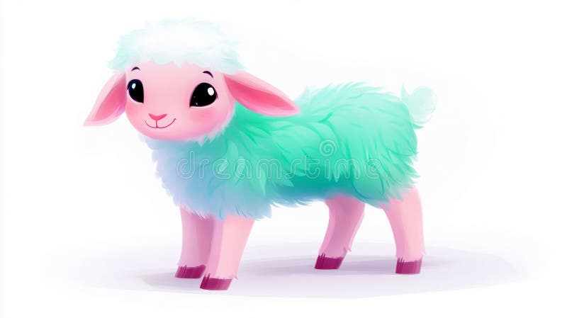 Adorable Cartoon Lamb with Fluffy Green and White Wool Stock ...