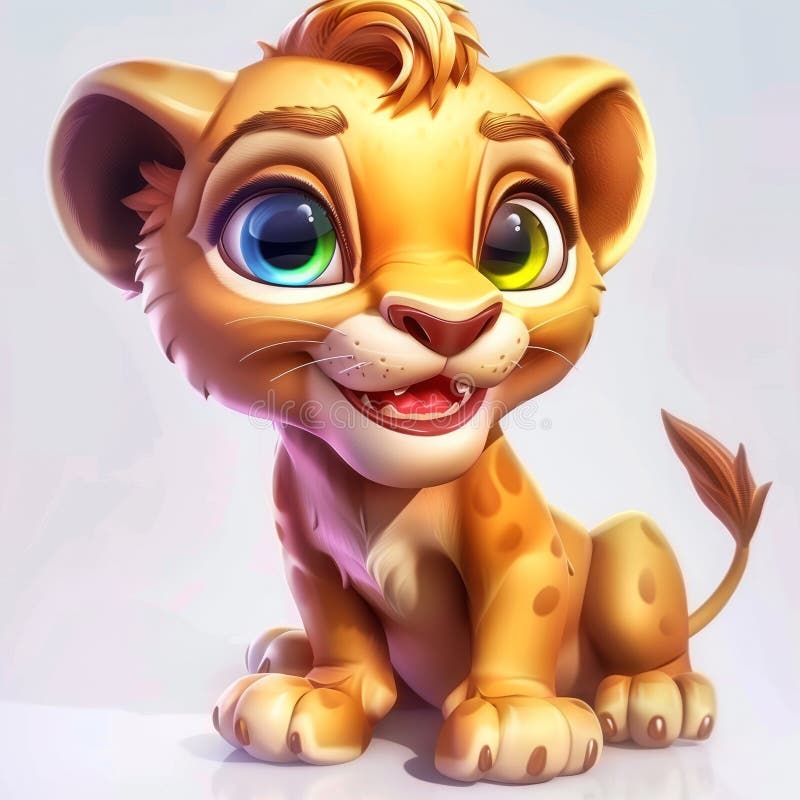 Adorable Cartoon Lion Cub with Mischievous Eyes and Playful Expression ...