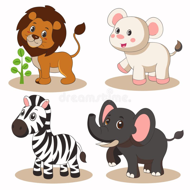 Adorable Cartoon Lion, Mouse, Zebra, Elephant on the Background Stock ...