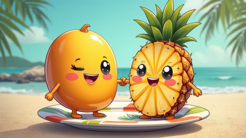 Adorable Cartoon Mango and Pineapple Friends on a Beach Stock ...