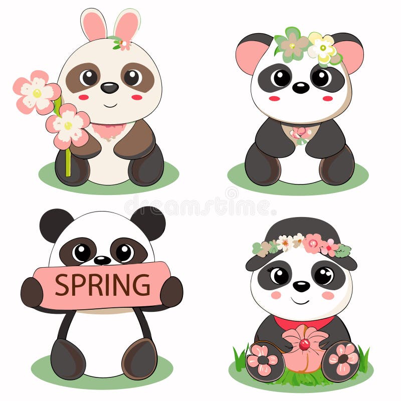Adorable Cartoon Pandas with Spring Flowers Stock Vector - Illustration ...