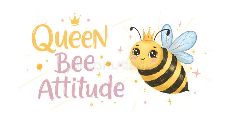 Adorable Cartoon Queen Bee Illustration with Crown and Sparkling ...