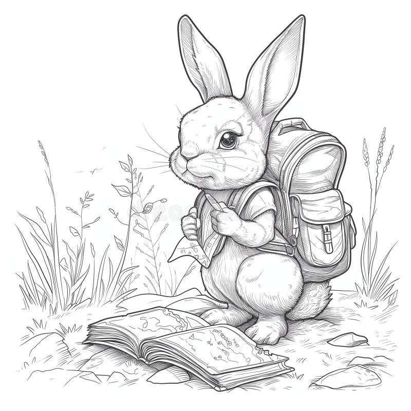 Adorable Cartoon Rabbit with a Backpack Exploring a Map in a Grassy ...