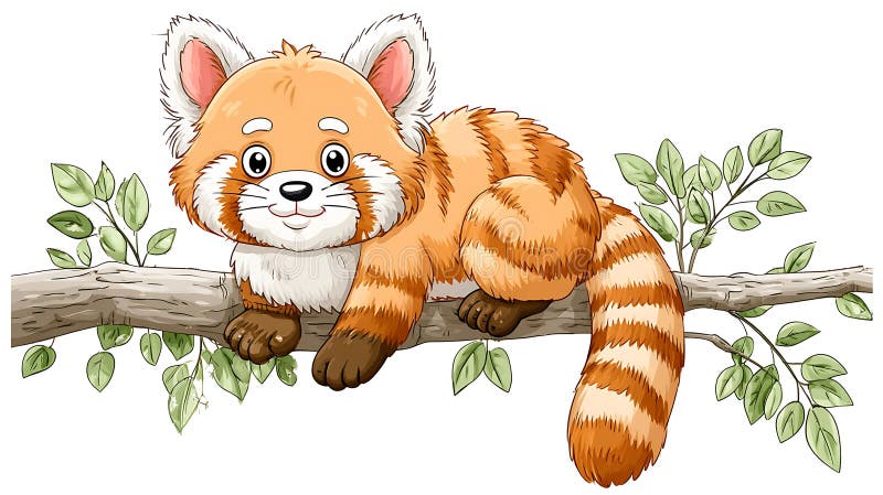 Adorable Cartoon Red Panda on Tree Branch Stock Illustration ...