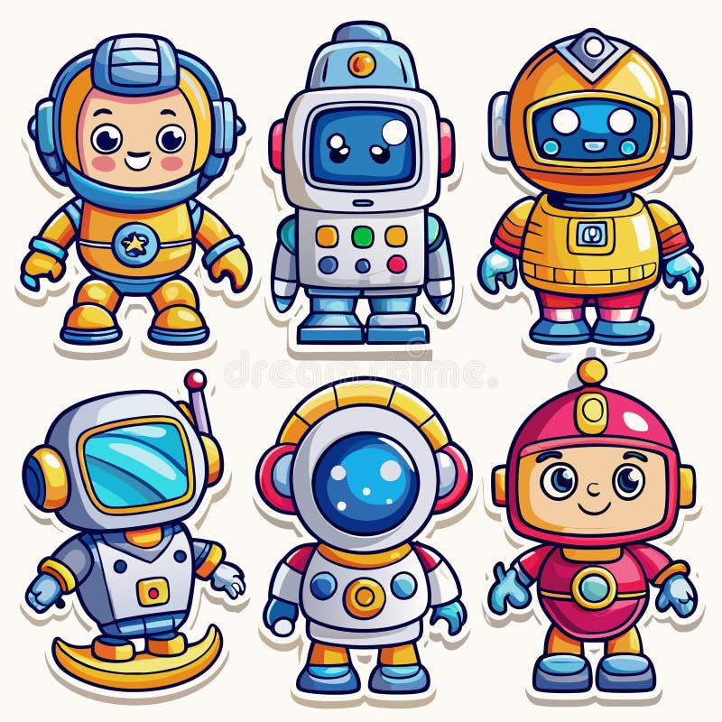Adorable Cartoon Robots and Astronaut Stock Vector - Illustration of ...