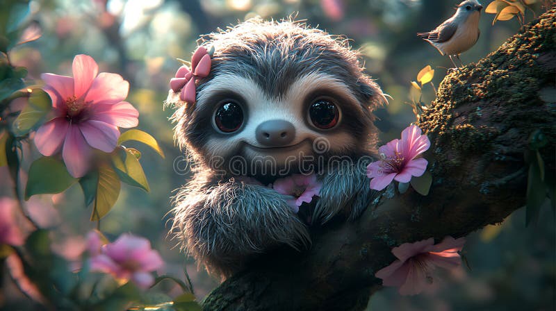 Adorable Cartoon Sloth with Pink Bow in a Tree with Pink Flowers Stock ...
