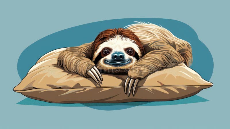 Adorable Cartoon Sloth Relaxing on Plush Pillow Illustration Stock ...