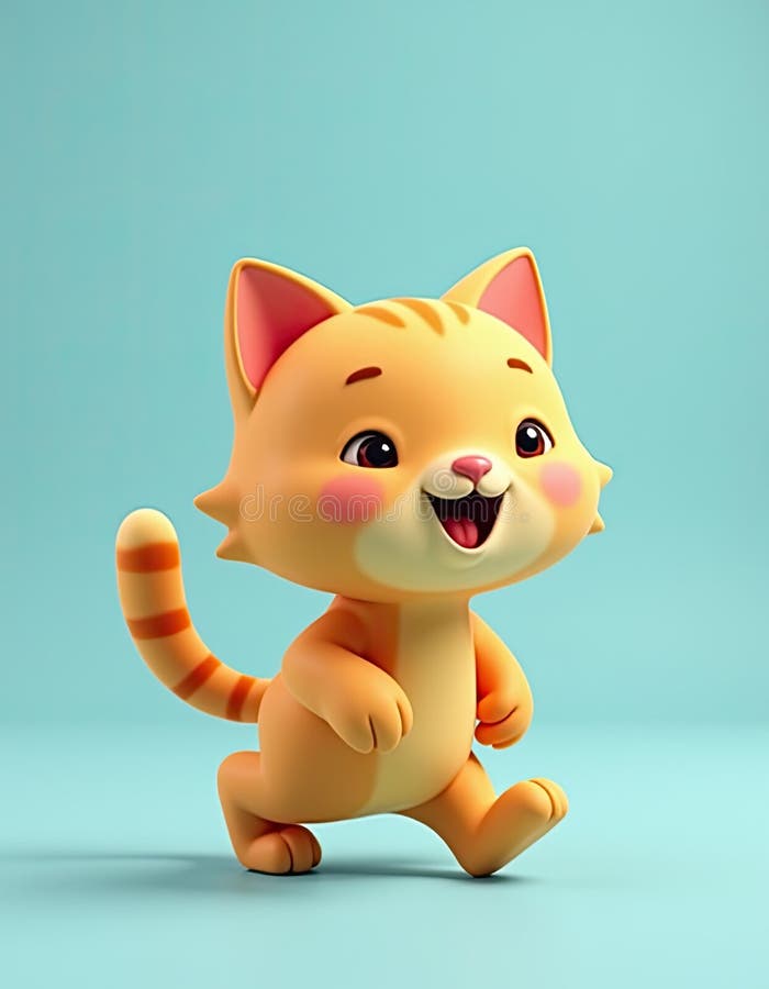 Adorable Cartoon-style Cat Joyfully Walking with a Happy Expression ...