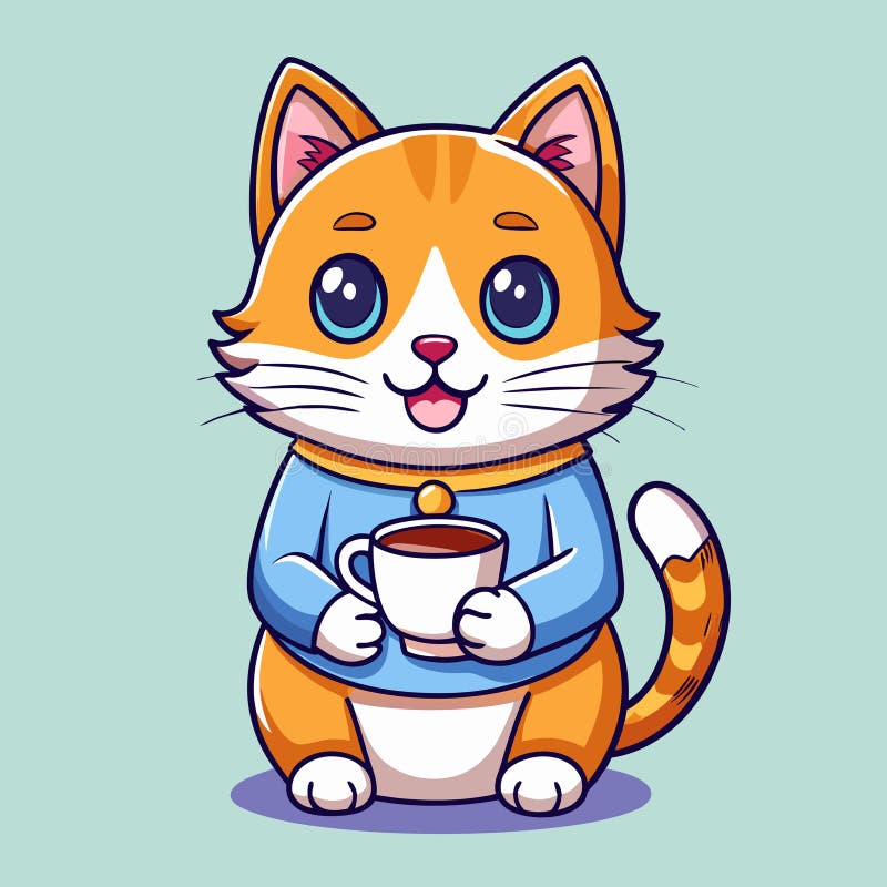 Adorable Cartoon Vector Icon of a Cat Enjoying a Warm Cup of Coffee ...