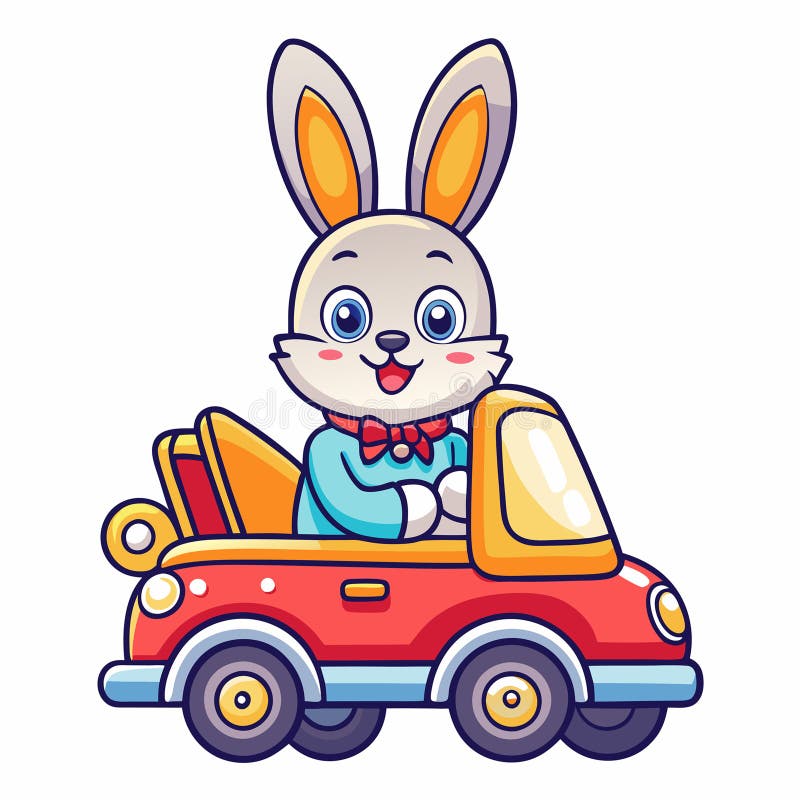 Adorable Cartoon Vector Illustration of a Rabbit Riding a Toy Car Stock ...