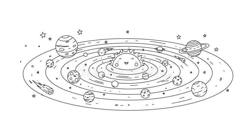 Cute Solar System Cartoon Smiling Sun Planets Orbiting Space Astronomy ...