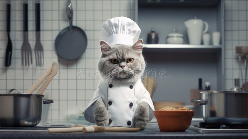 Adorable Cat Chef with Apron Cooking in Kitchen Stock Photo - Image of ...