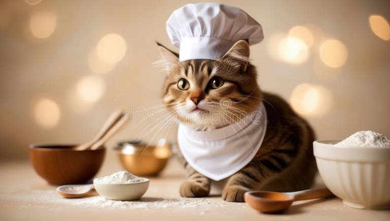 Adorable Cat in Chef Hat Surrounded by Baking Ingredients. AI Stock ...