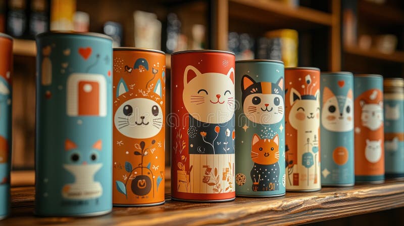 Adorable Cat Designs on Cylindrical Tins or Containers Stock ...