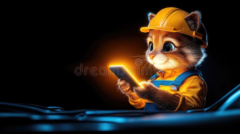 Adorable Cat Engineer Wearing Hard Hat and Using Smartphone in Dark ...