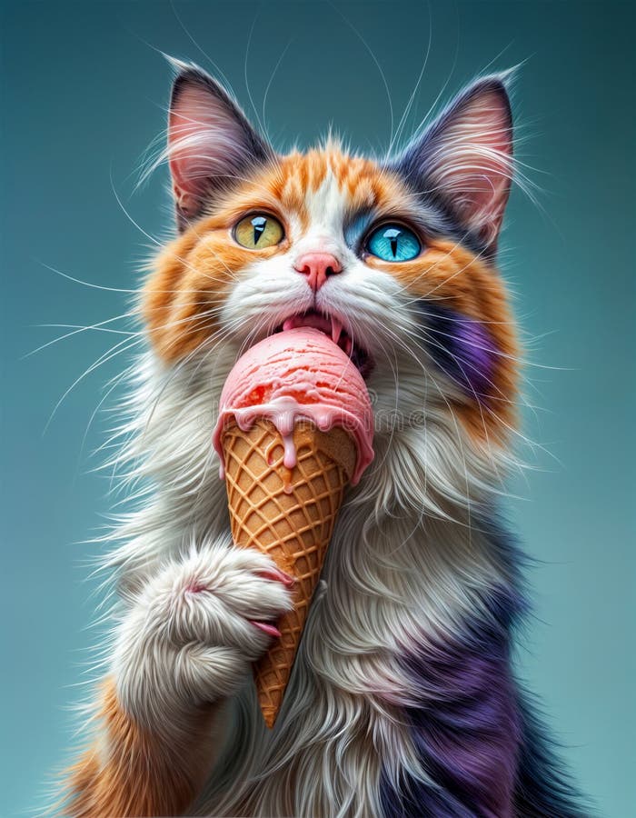Adorable Cat Enjoying Ice Cream Cone in Playful Pose Stock Photo ...