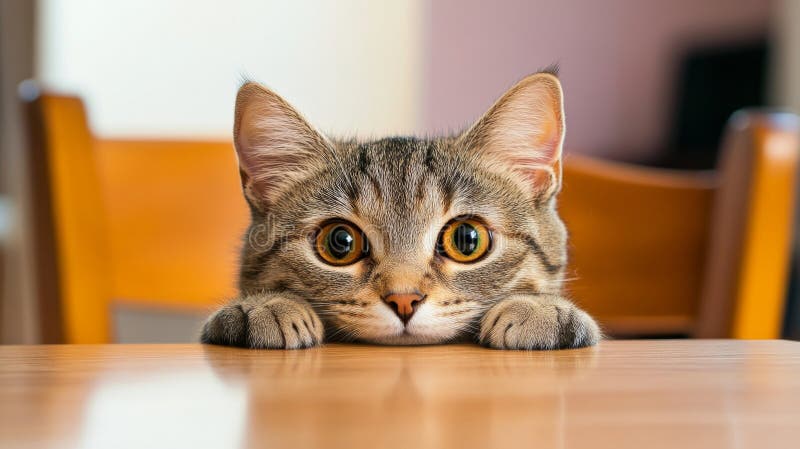 Adorable Cat with Folded Ears Curiously Peeking Over a Table in a ...