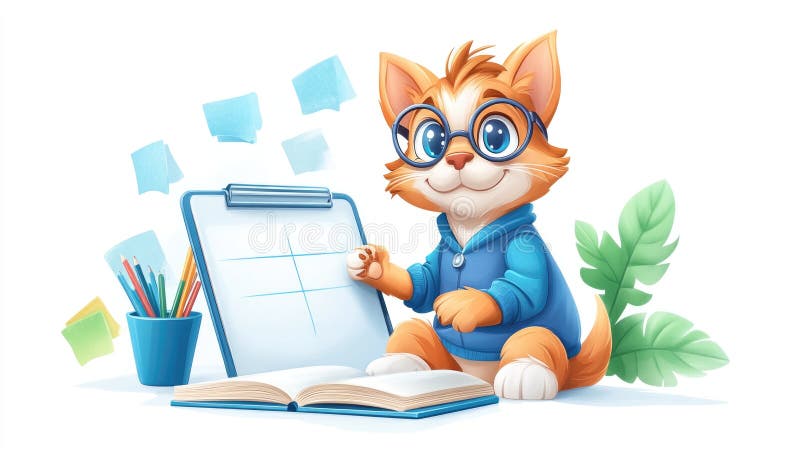 Adorable Cat in Glasses Planning with Notebook and Sticky Notes Stock ...