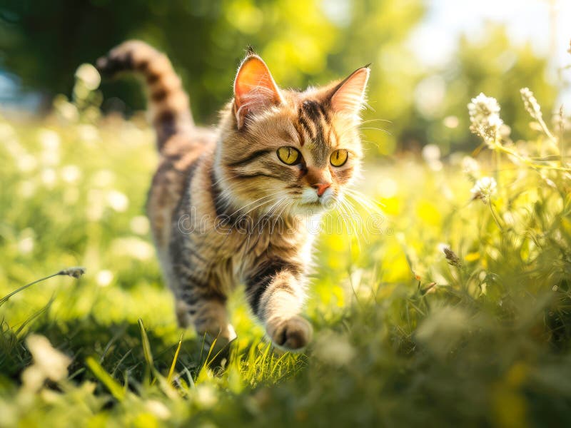 Adorable Cat on a Green Grass Outdoors Stock Photo - Image of sitting ...