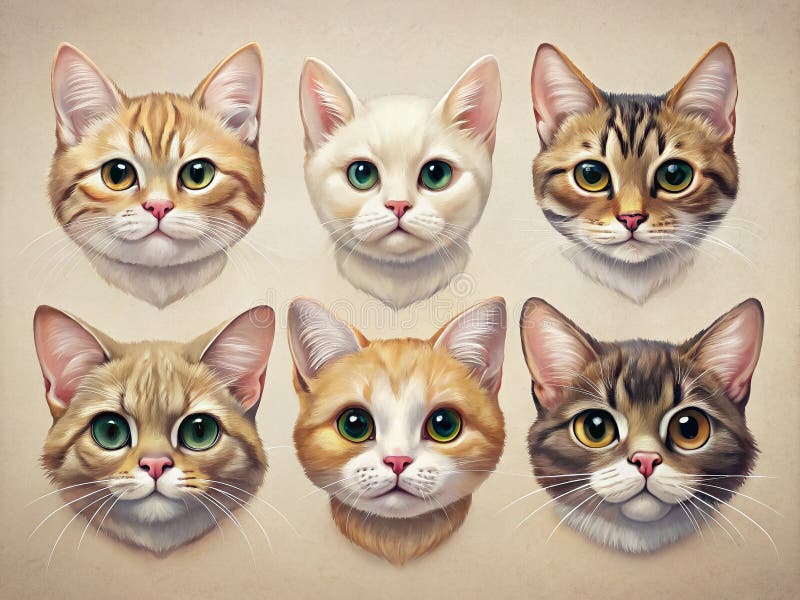 Adorable Cat Head Illustrations a Simple Design Set Perfect for Print ...