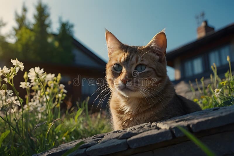 An Adorable Cat with a House Background Stock Image - Image of house ...