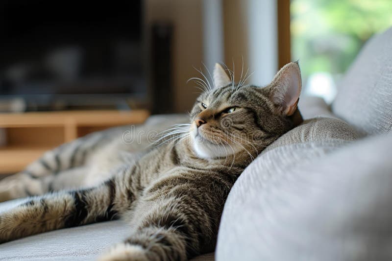 Adorable Cat Lounging on a Couch, AI-generated. Stock Illustration ...