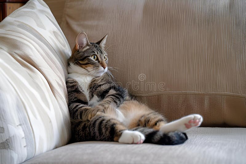 Adorable Cat Lounging on a Couch, AI-generated. Stock Illustration ...
