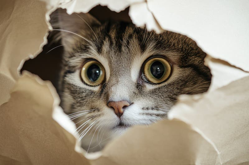 An Adorable Cat Peeking through a Torn Hole of Paper Stock Illustration ...