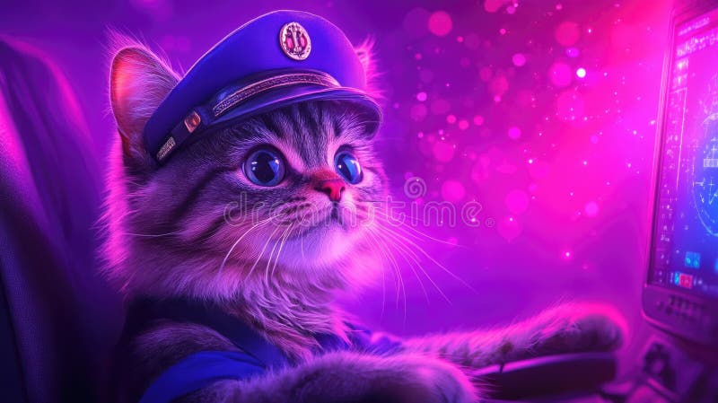 Adorable Cat Pilot Navigating in Magical Neon Environment Stock Photo ...