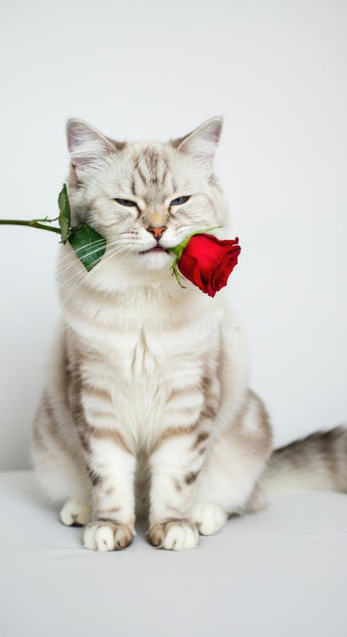 Adorable Cat with Red Rose on White Background Stock Photo - Image of ...