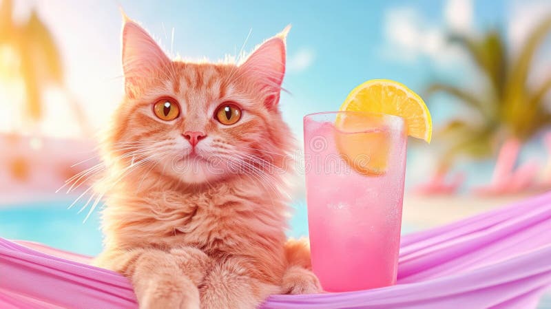 Adorable Cat Relaxing by Poolside with Refreshing Pink Lemonade on a ...