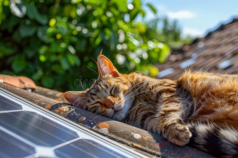 Adorable Cat Sleeping on Roof with Solar Panel Stock Illustration ...
