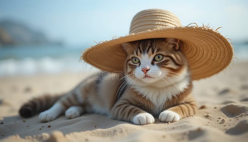 Adorable Cat in a Straw Hat at the Beach Stock Illustration ...