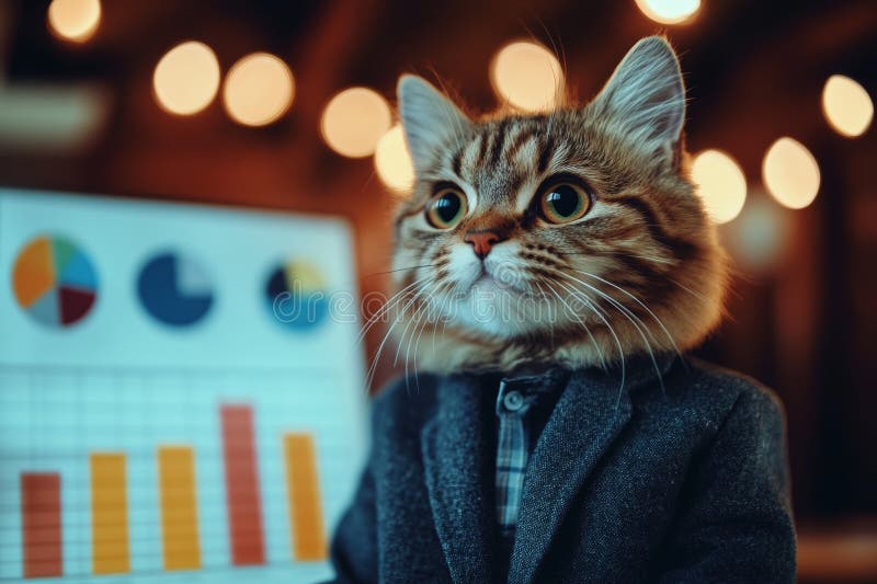 Adorable Cat in Suit Analyzing Business Charts in a Humorous Office ...