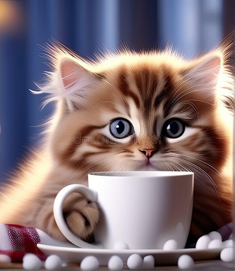 Adorable cat with tea cup stock image. Image of sniffing - 303324291
