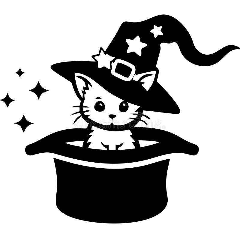 Adorable Cat in Wizard Hat Emerging from Magic Top Hat Vector Stock ...