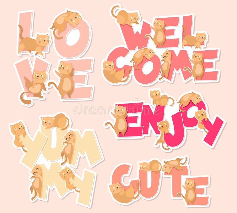 Adorable Cat and Word Cartoon Sticker Stock Vector - Illustration of ...