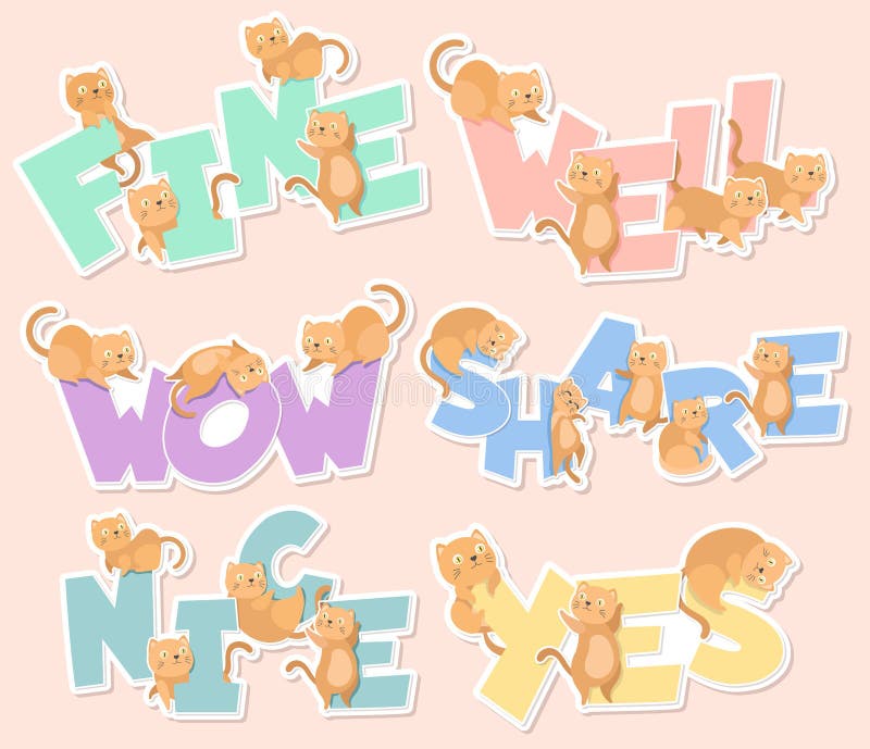Adorable Cat and Word Cartoon Sticker Seamless Pattern Stock Vector ...