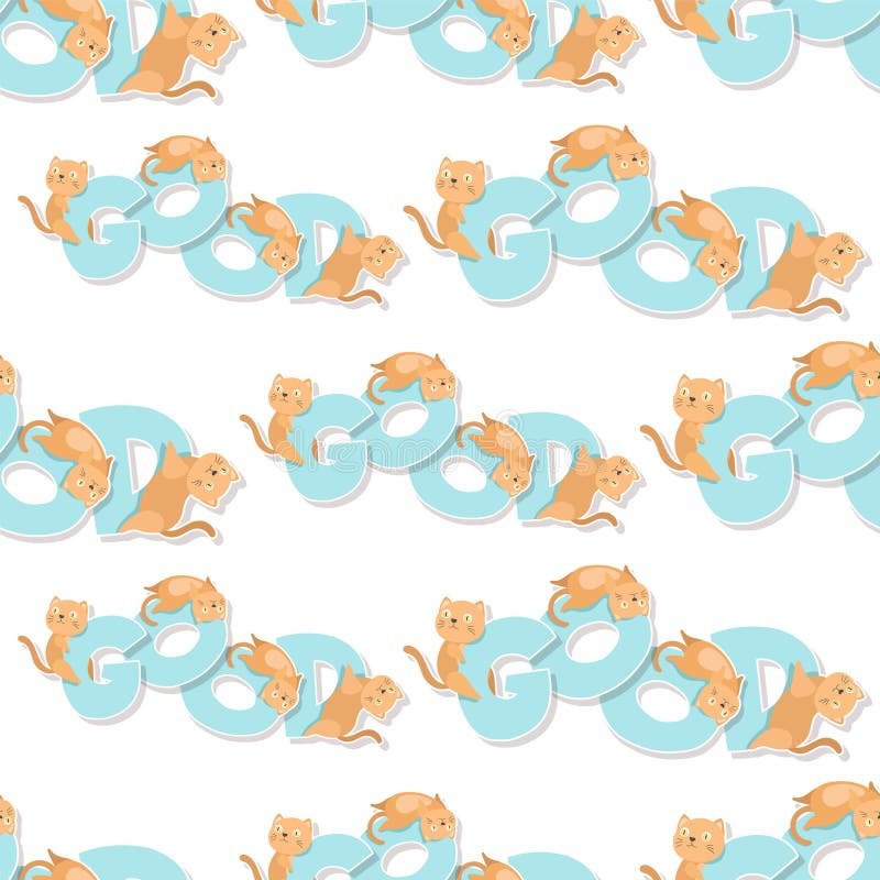 Adorable Cat and Word Cartoon Sticker Seamless Pattern Stock Vector ...