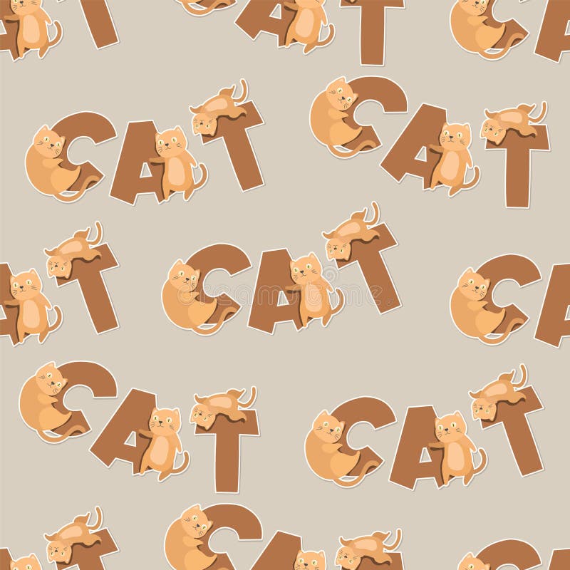 Adorable Cat and Word Cartoon Sticker Seamless Pattern Stock Vector ...