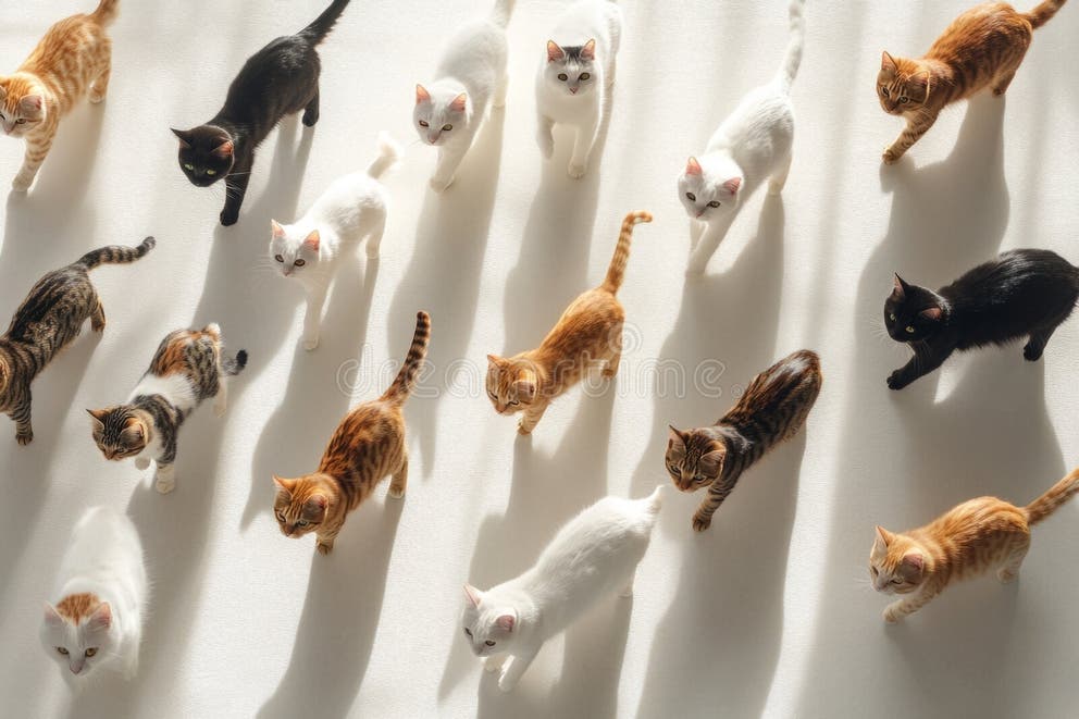 Adorable Cats of Various Colors and Breeds are Walking on a White ...