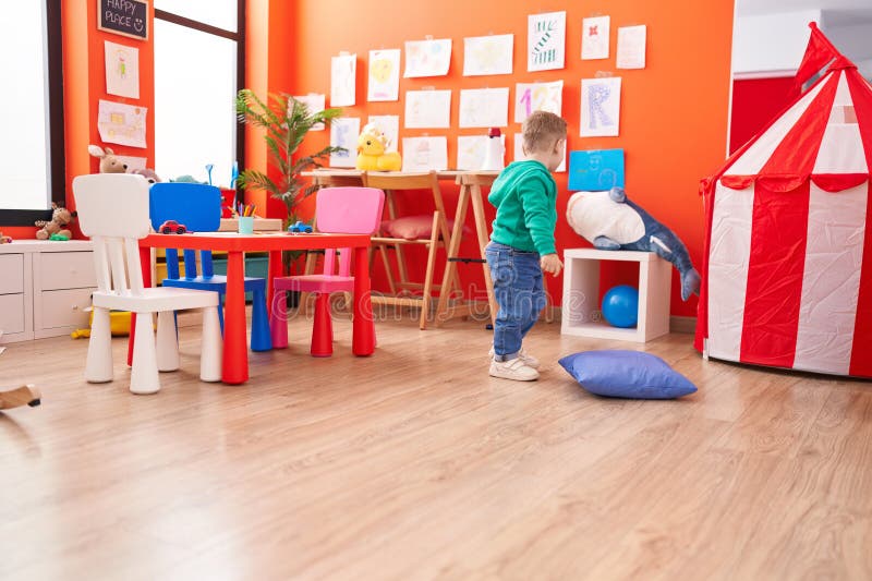 Adorable Caucasian Boy Playing on Back View at Kindergarten Stock Image ...