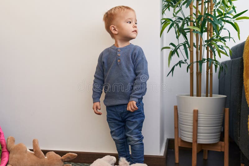 Adorable Caucasian Boy Standing with Relaxed Expression at Home Stock ...