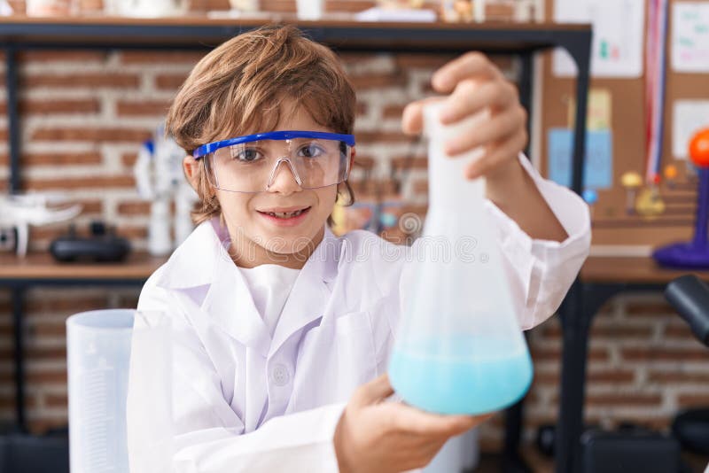 Adorable Caucasian Boy Student Holding Test Tube at Classroom Stock ...
