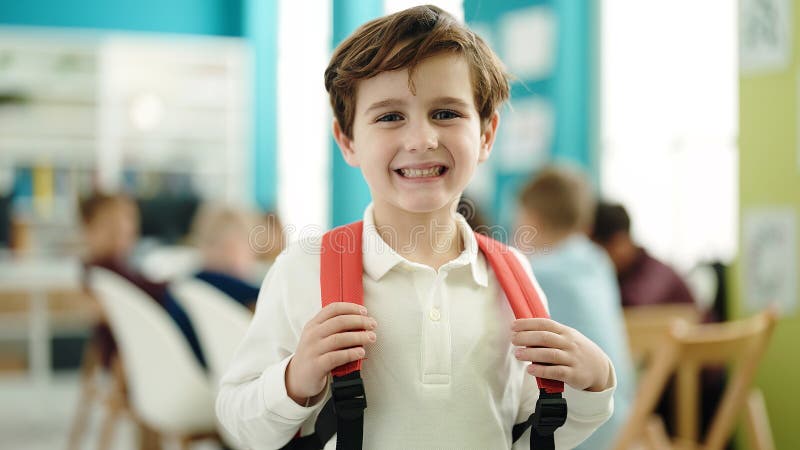 Adorable Caucasian Boy Student Smiling Confident Standing at Classroom ...