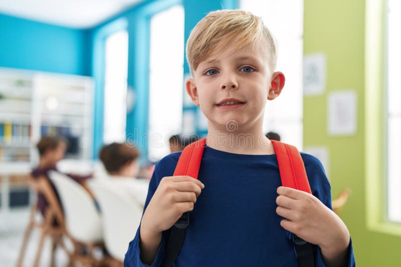 Adorable Caucasian Boy Student Smiling Confident Standing at Classroom ...