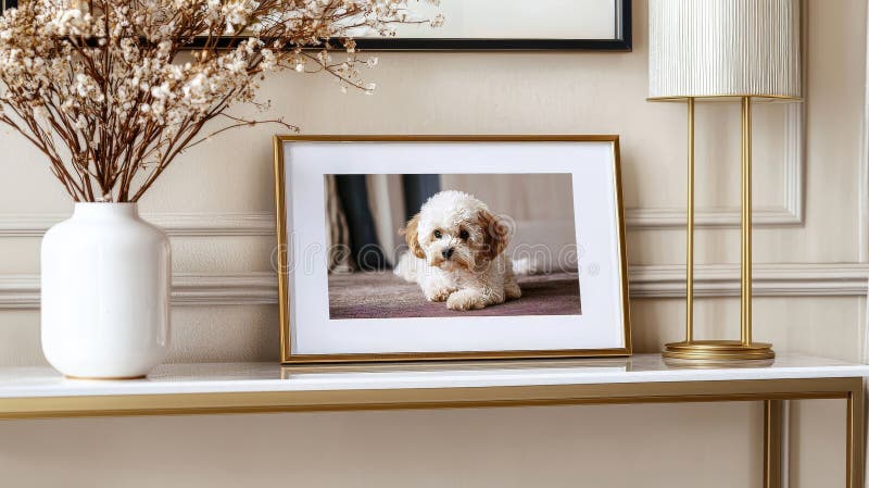 Adorable Cavapoo Puppy in Gold Frame on Console Table Stock ...
