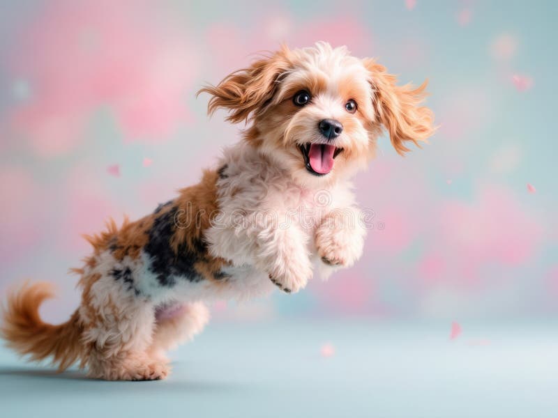Adorable Cavapoo Puppy Jumping with Pink and Blue Background Stock ...