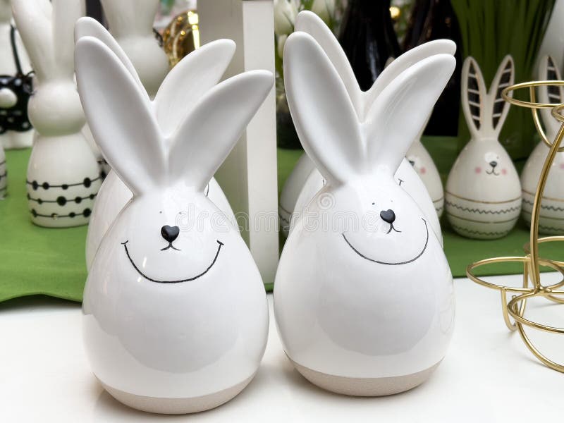 Adorable Ceramic Bunny Decorations with White Ears and Happy Faces, Easter Concept Editorial ...