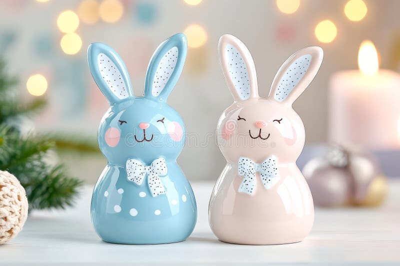 Adorable Ceramic Easter Bunny Figurines with Polka Dot Bow Ties Stock ...
